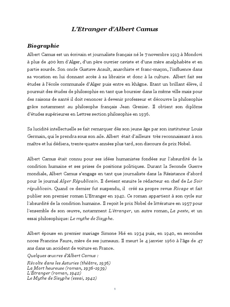 LEtranger Fiche de Lecture-Converti | PDF | Albert Camus | Poursuites ...