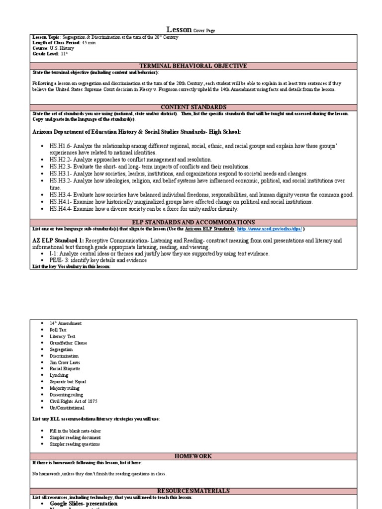 Lesson Plan | PDF | Plessy V. Ferguson | Litigation