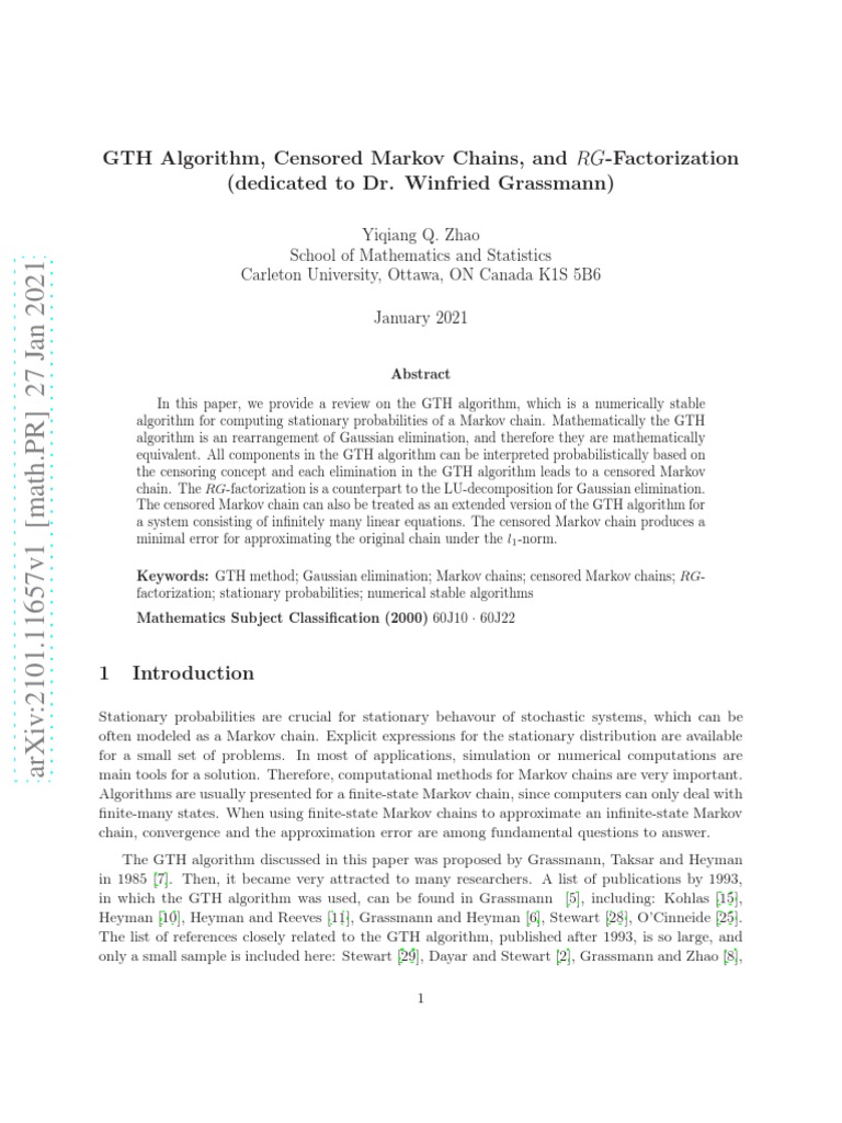GTH Algorithm, Censored Markov Chains, and RG-Factorization (Dedicated To Dr. Winfried Grassmann ...