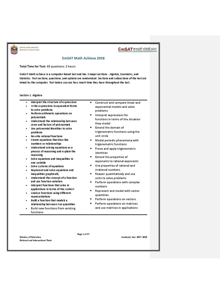EmSAT MATH College Entry Exam Sample Items English | PDF | Equations ...