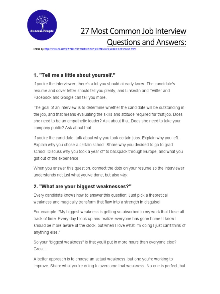 27 Most Common Job Interview Questions and Answers:: 1. "Tell Me A ...