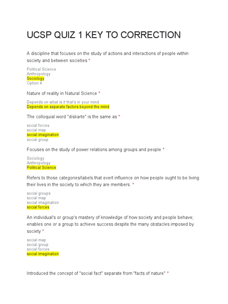 Ucsp Quiz 1 Set Key To Correction | PDF | Sociology | Émile Durkheim