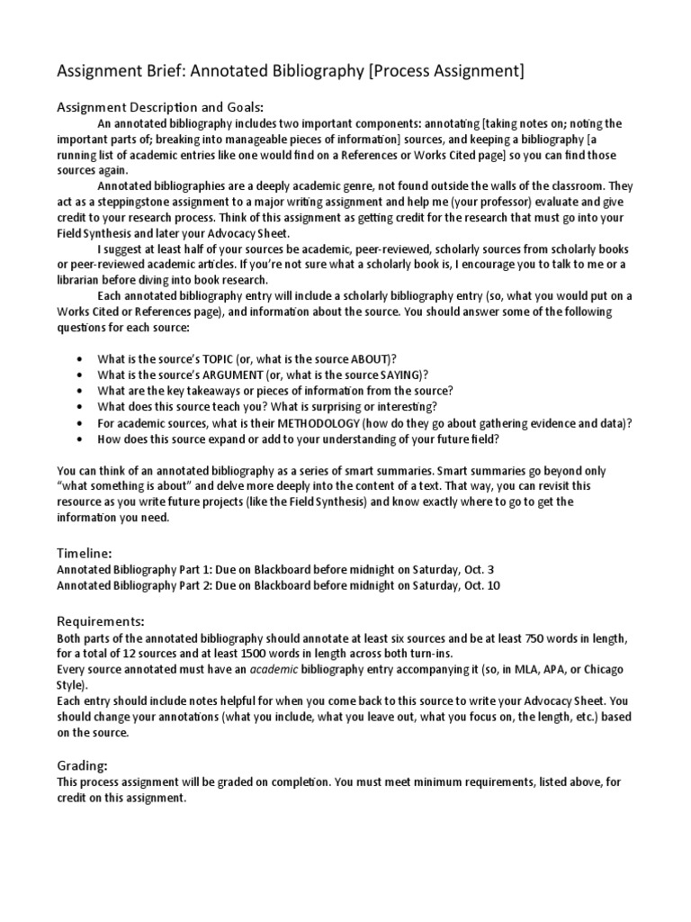 Annotated Bibliography Assignment Brief ENGL 202 | PDF | Bibliography ...