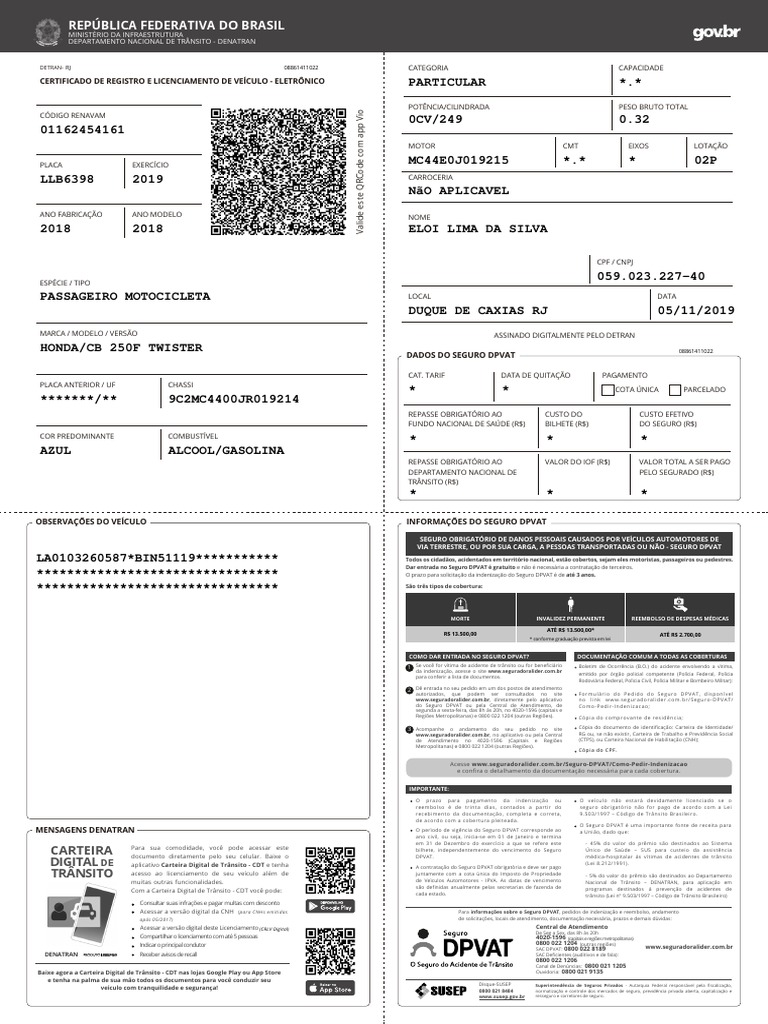 CRLV Digital | PDF | Carteira de Motorista | Seguro