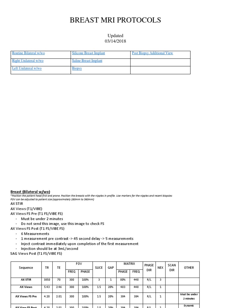 Breast Mri Protocols: Updated 03/14/2018 | Download Free PDF | Medical ...