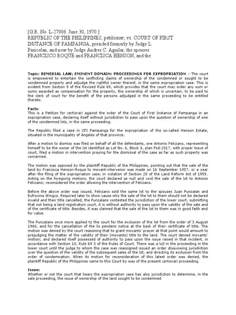 Petitioner VS.: Topic: Remedial Law Eminent Domain: Proceedings For ...