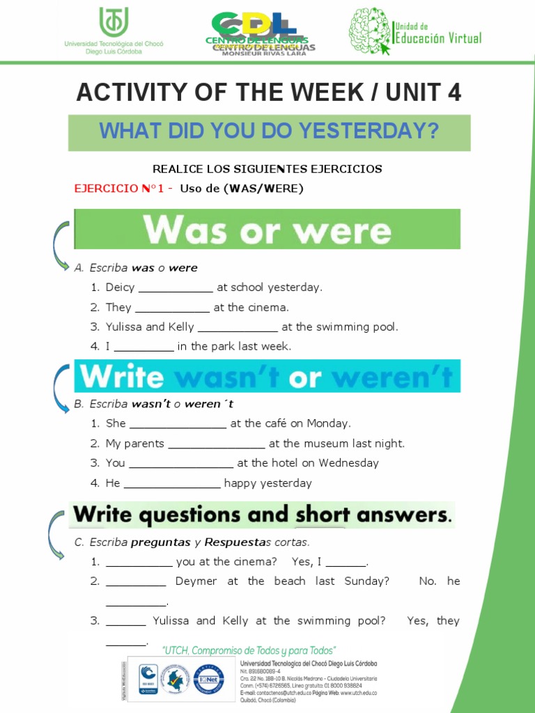 Activity of The Week / Unit 4: What Did You Do Yesterday? | PDF ...