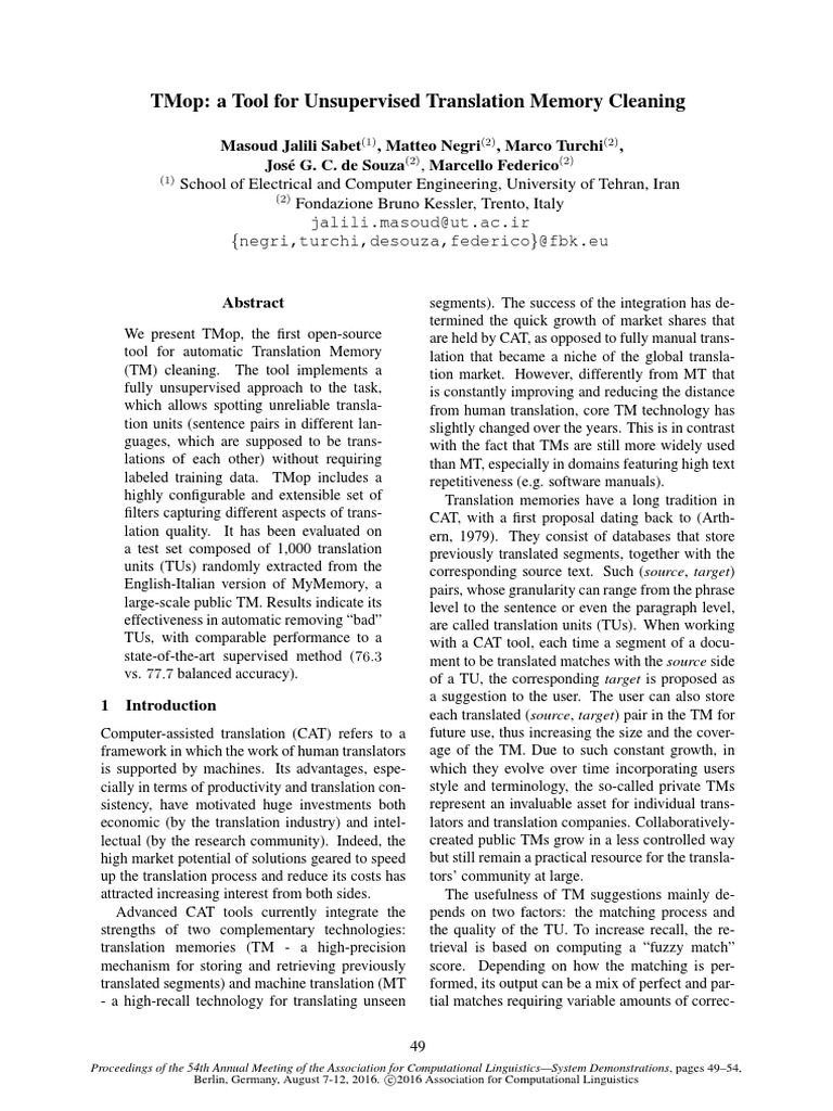 TMop - Tool For Unsupervised Translation Memory Cleaning | PDF | Human ...