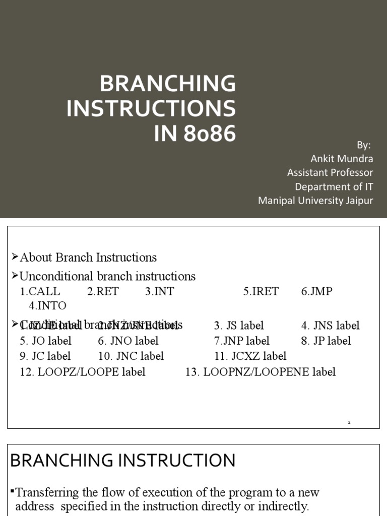 Branching Instructions IN 8086: By: Ankit Mundra Assistant Professor ...