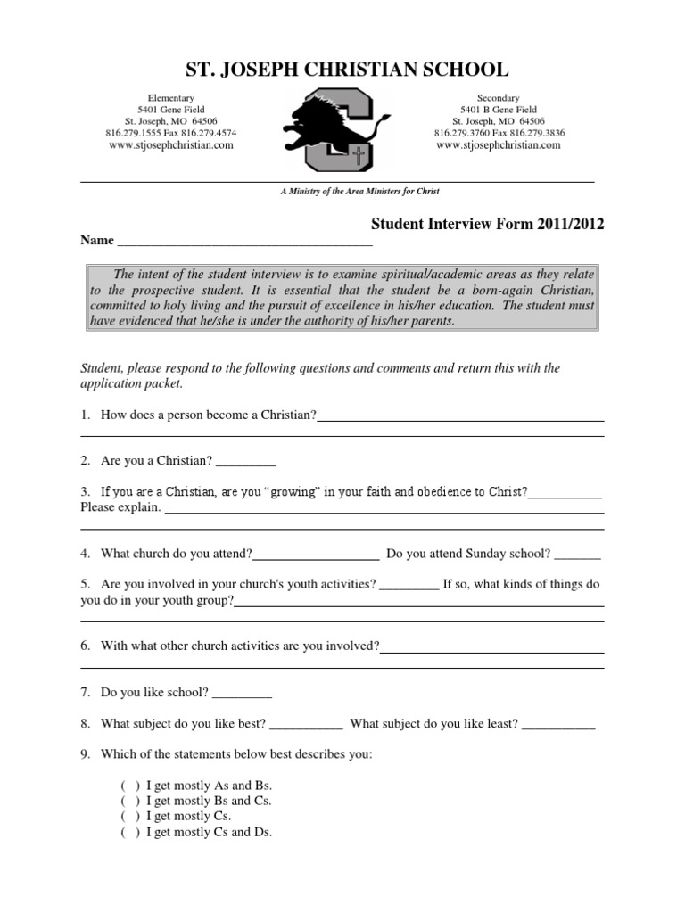 St. Joseph Christian School: Student Interview Form 2011/2012 | PDF