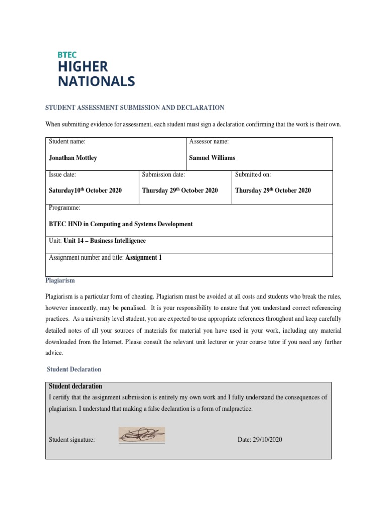 Jonathan Mottley - Business Intelligence Assignment 1 | PDF | Data Model | System