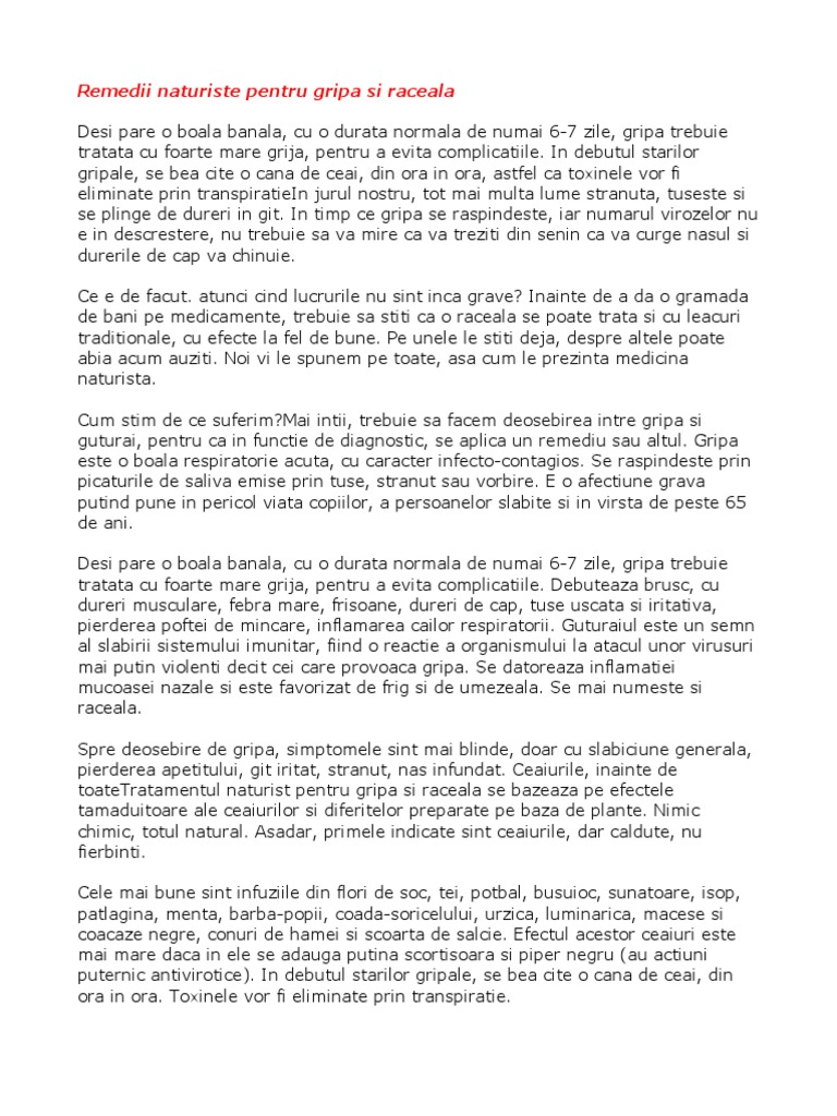 Remedii Naturiste Pentru Gripa Si Raceala | PDF