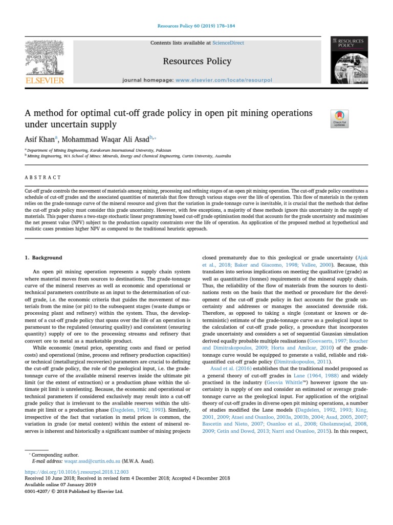 2019 - A Method For Optimal Cut-Off Grade Policy in Open Pit Mining ...