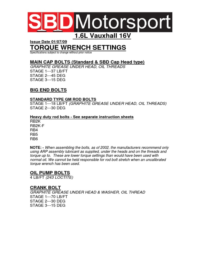 1.6L Vauxhall 16V Torque Specifications | PDF | Screw | Machines