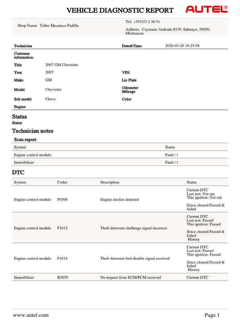 Vehicle Diagnostic Report: Status Technician Notes | PDF | Chevrolet ...