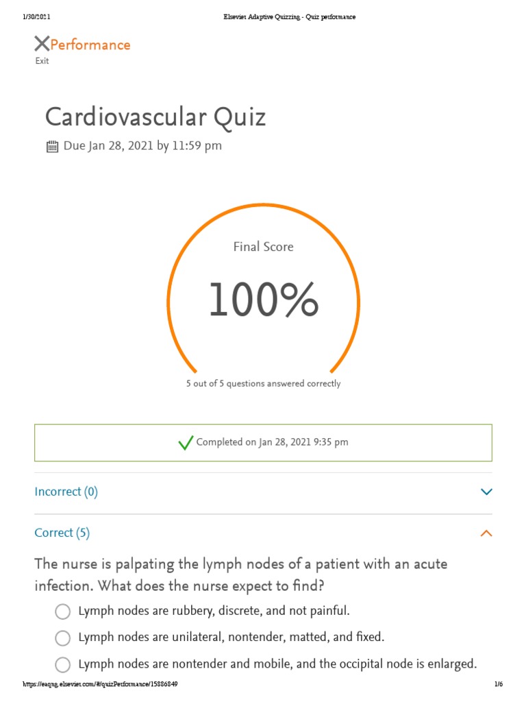 Elsevier Adaptive Quizzing - Quiz Performance | PDF | Vein | Artery