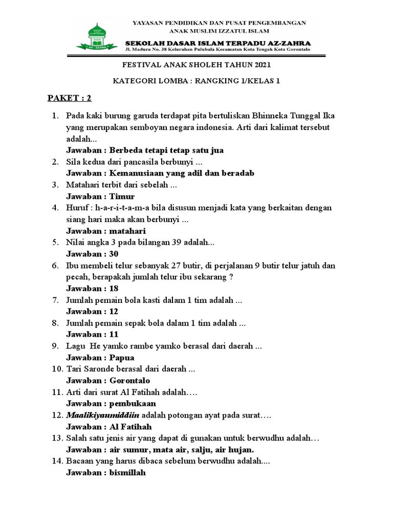SOAL RANGKING 1 Paket 2 Kelas 1 | PDF