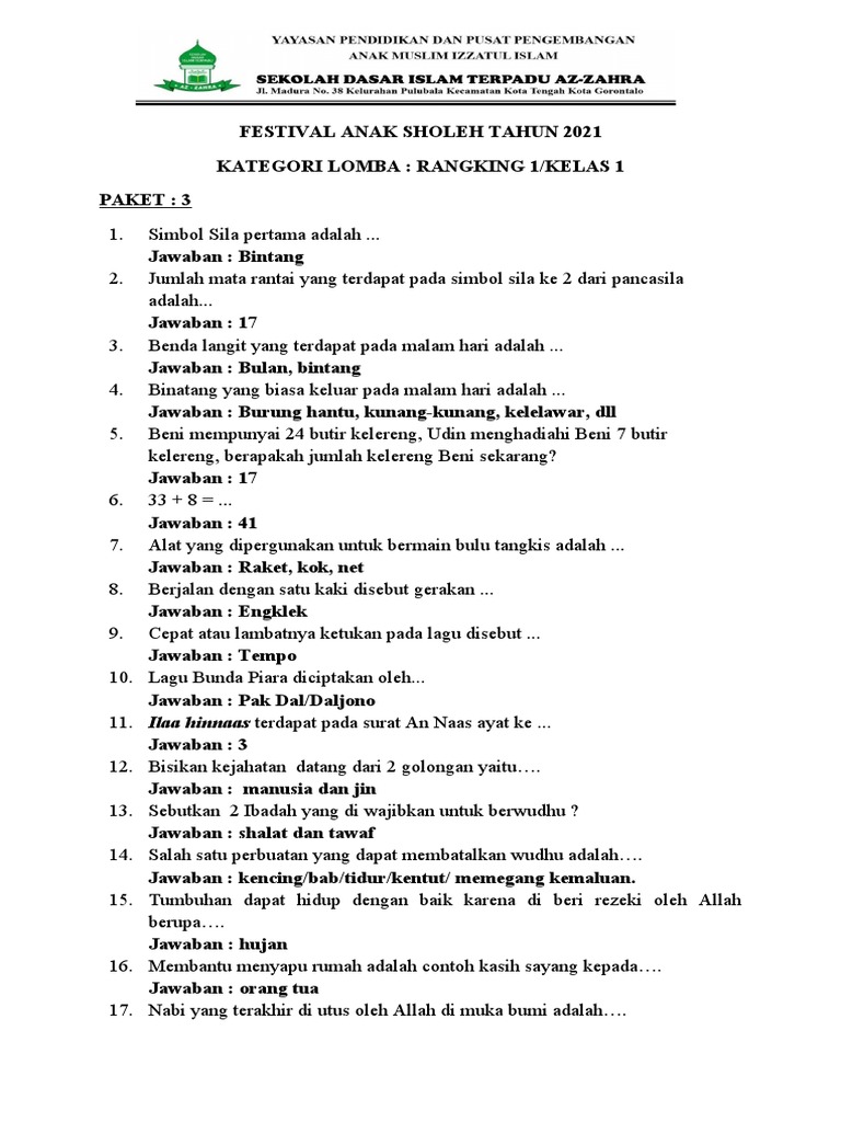 SOAL RANGKING 1 Paket 3 Kelas 1 | PDF