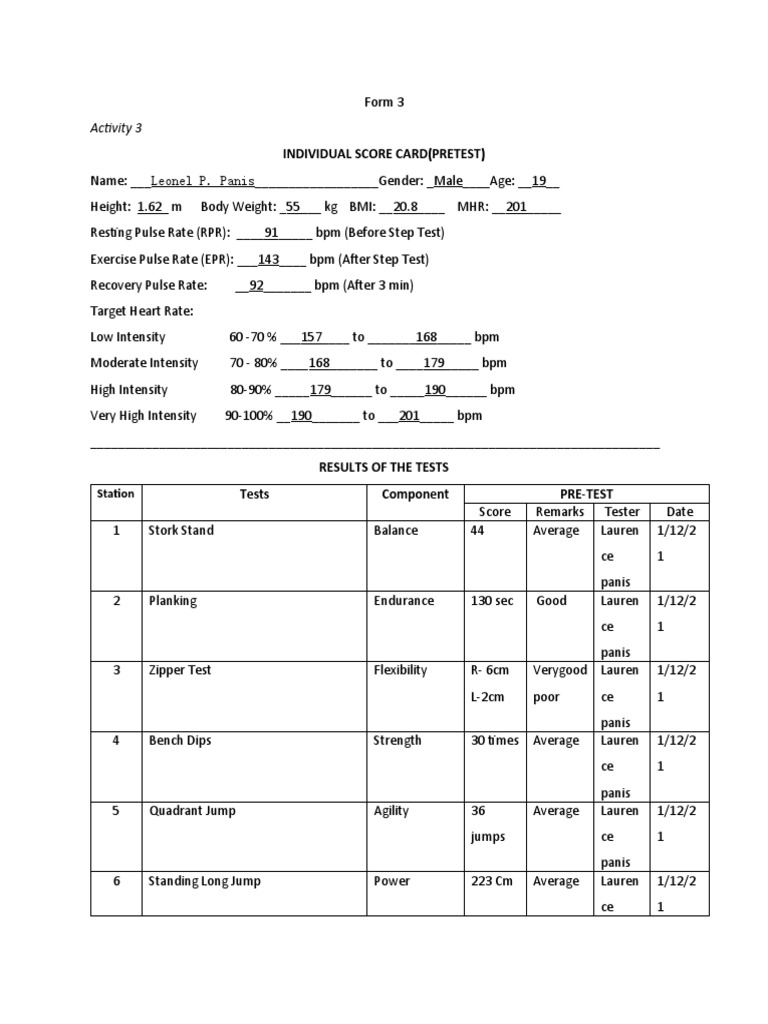 PE FORM 3 Post Test (Panis) | PDF | Human Weight | Physiology