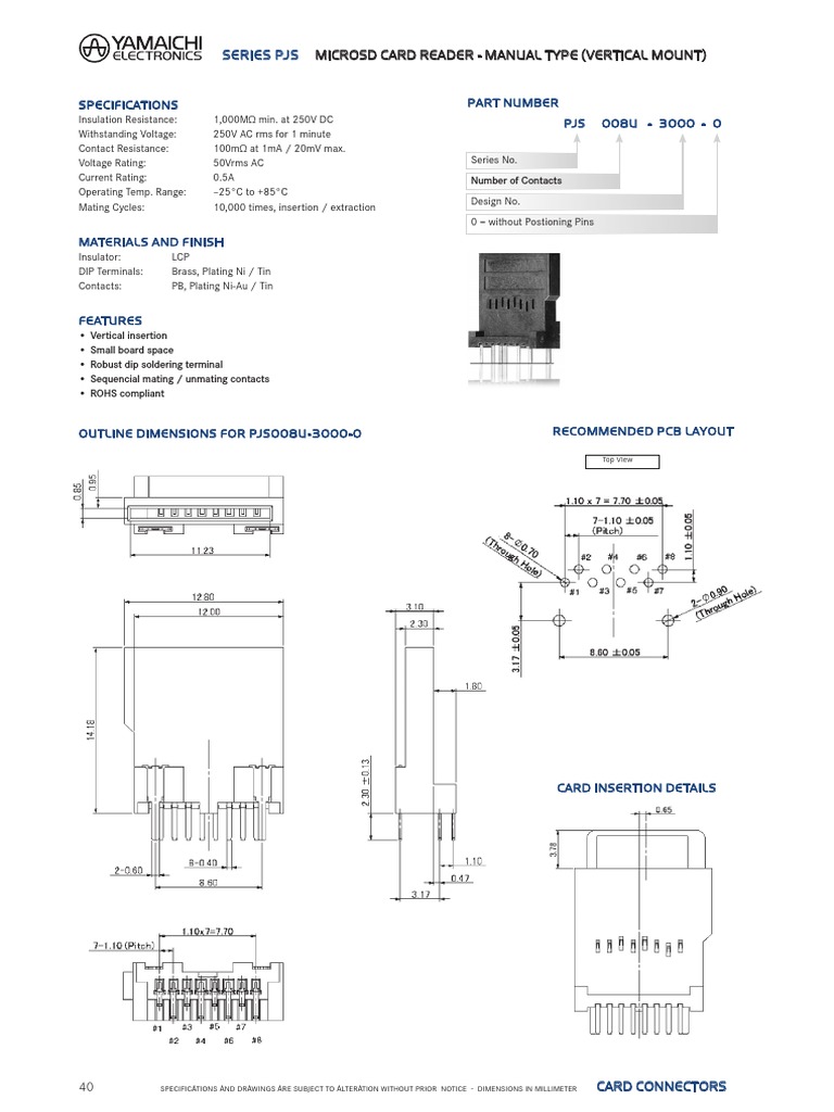 Microsd Card Reader - Manual Type (Vertical Mount) : Series Pjs | PDF