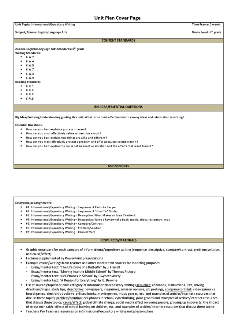 6th Grade Expository Writing Unit Plan | PDF | Lecture | Essays