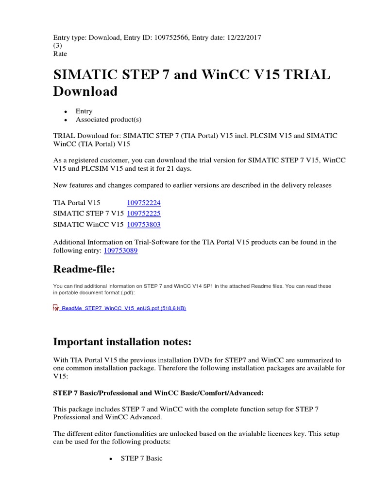 Simatic Step 7 and Wincc V15 Trial Download: Readme-File | Download ...