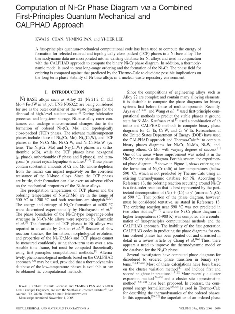 Computation of Ni-Cr Phase Diagram Via A Combined | PDF | Phase (Matter ...