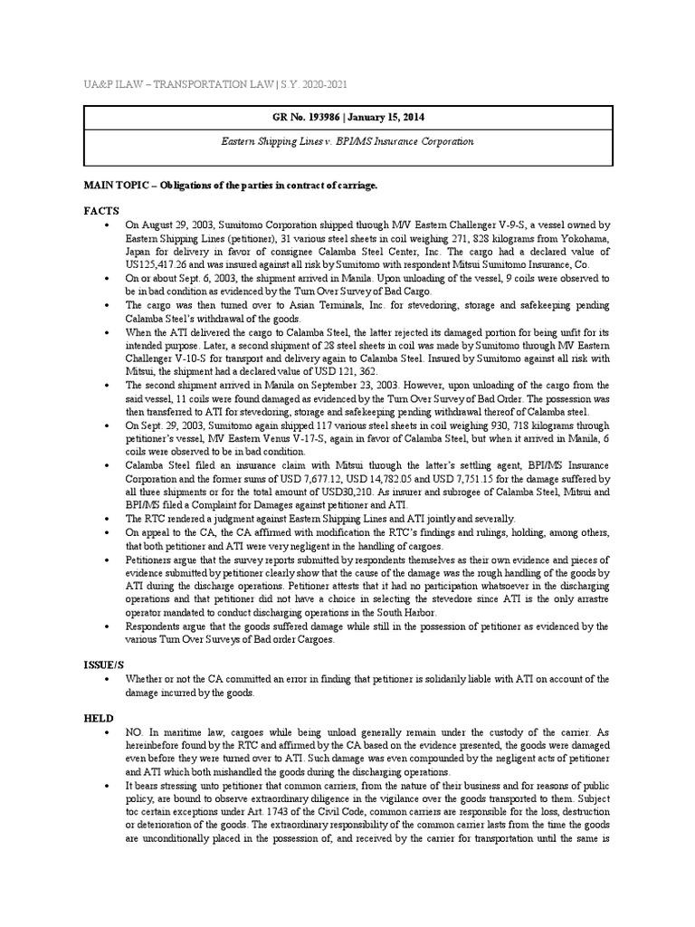 Eastern Shipping Lines v. BPI MSI Insurance | PDF | Cargo | Common Carrier
