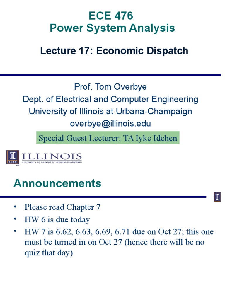ECE 476 Power System Analysis: Lecture 17: Economic Dispatch | PDF ...
