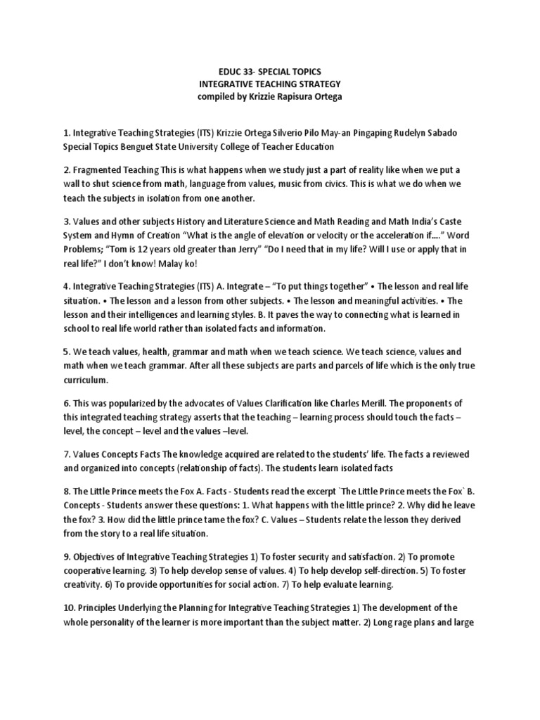 INTEGRATIVE TEACHING STRATEGY-special Topics | PDF | Teachers | Inquiry