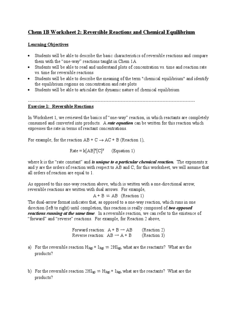 Chemical Equilibrium Worksheet 2