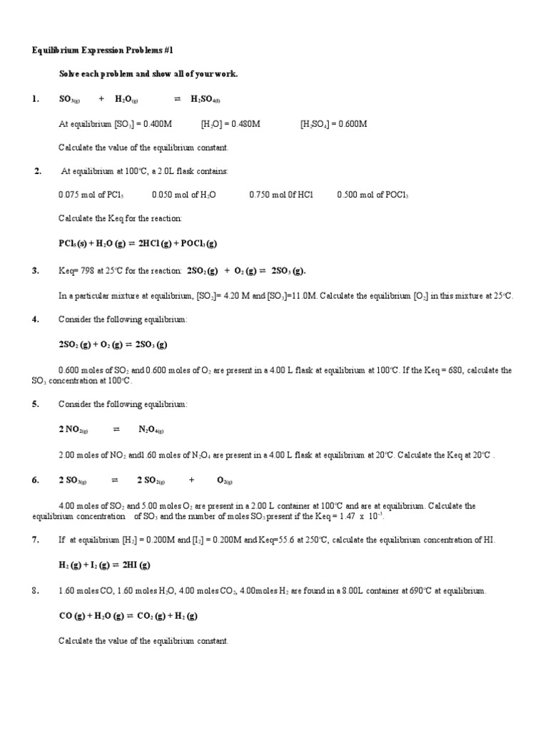 Equilibrium Constant Calculation Worksheet | PDF | Chemical Equilibrium ...