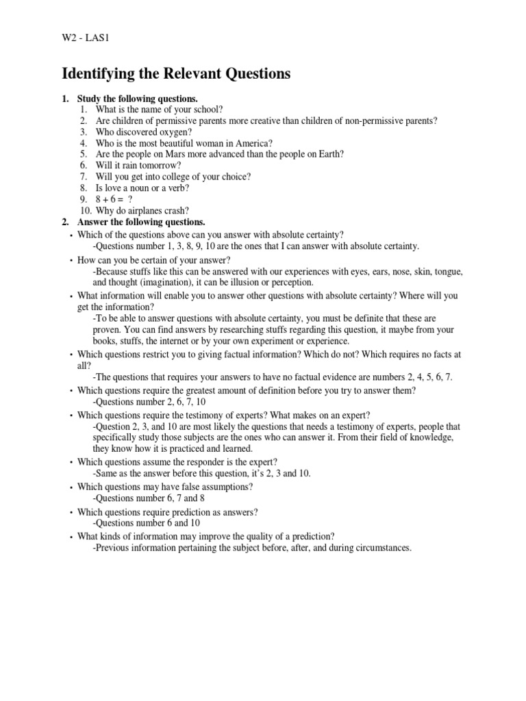 Identifying The Relevant Questions: W2 - LAS1 | PDF | Question | Expert