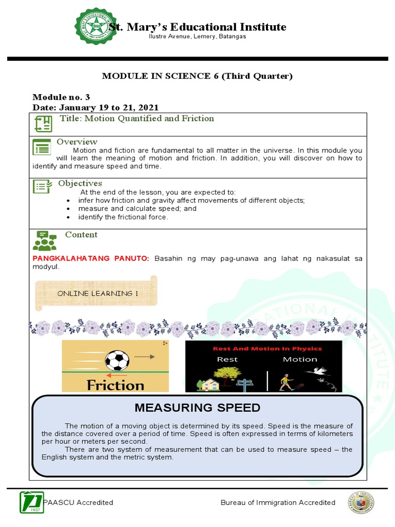 Science 6 Module 3 - 3rd Q | PDF | Speed | Metre