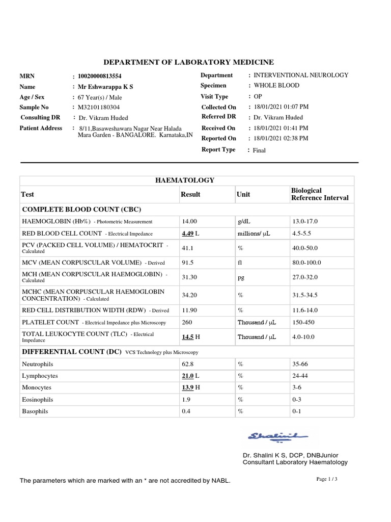 Department of Laboratory Medicine: Haematology Test Result Unit ...