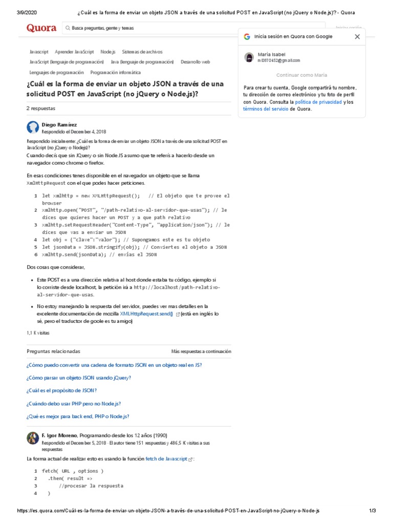 ¿Cuál Es La Forma de Enviar Un Objeto JSON A Través de Una Solicitud POST en JavaScript (No ...