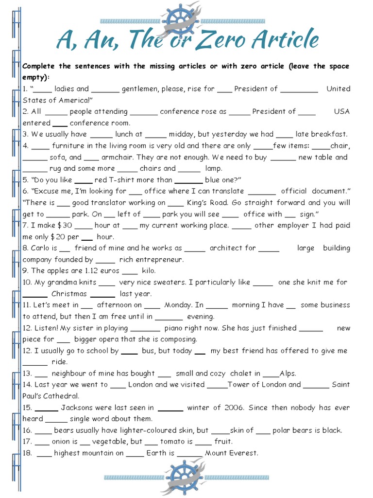 Definite Indefinite and Zero Articles Grammar Drills - 117677 | PDF