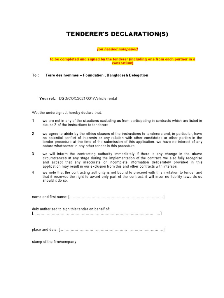 5.en 9 Tenderer Declaration Vehicle Tender 2021 | PDF