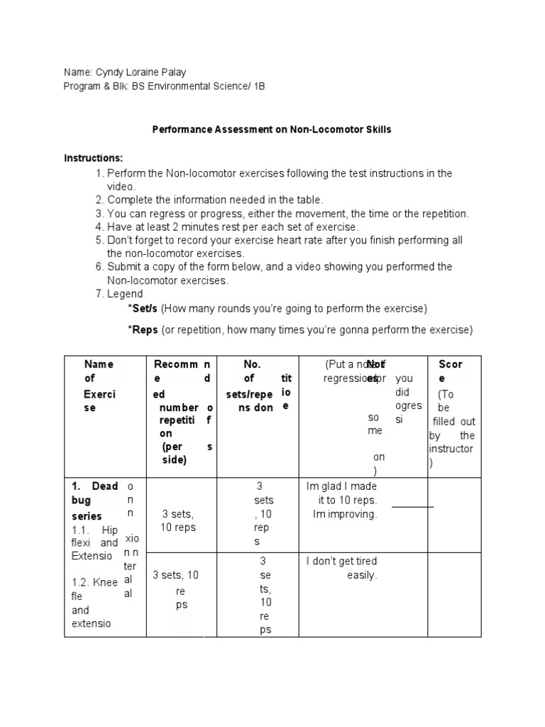 Performance Assessment On Non-Locomotor Skills Instructions | PDF ...