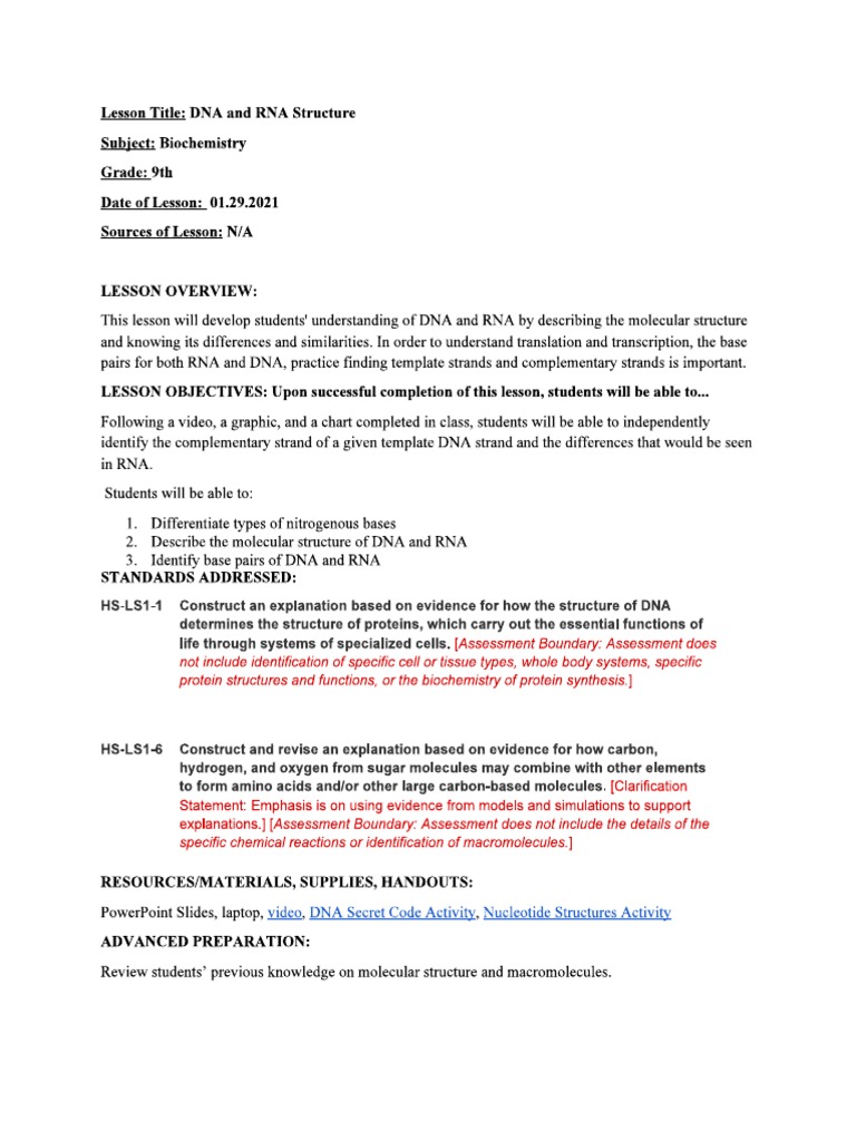 Dna and Rna Structure Lesson Plan | PDF