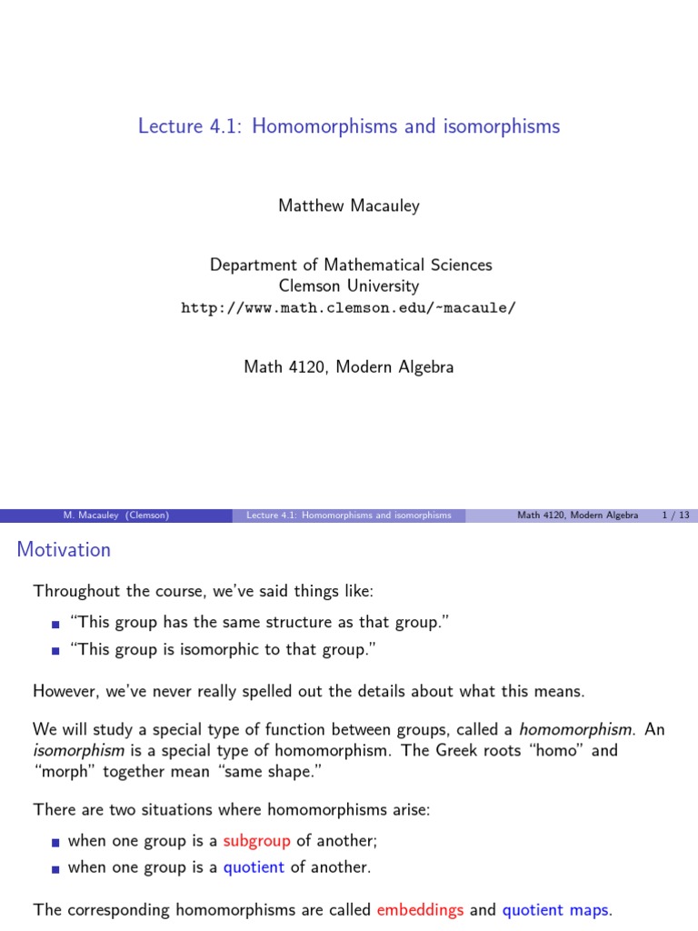 Lecture 4.1: Homomorphisms and Isomorphisms: Matthew Macauley | Download Free PDF | Group ...