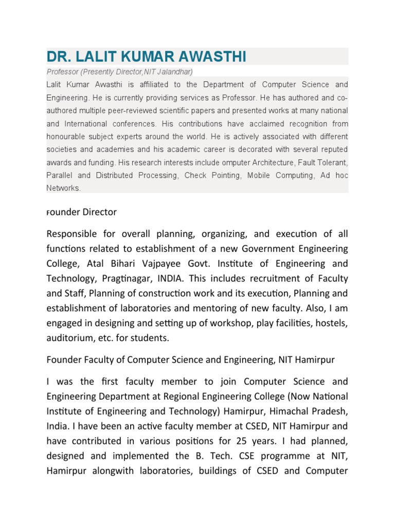 Dr. Lalit Kumar Awasthi: Professor (Presently Director, NIT Jalandhar ...