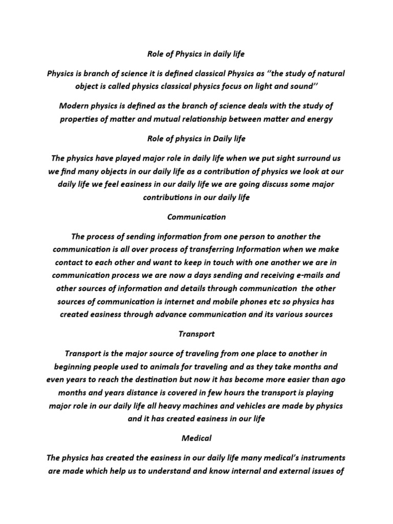Role of Physics in Daily Life | PDF | Physics | Transport