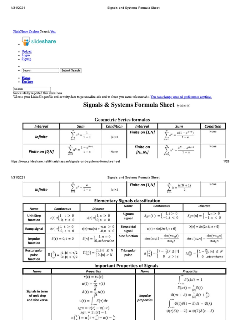 Signals and Systems Formula Sheet | PDF | Fourier Transform | Laplace ...