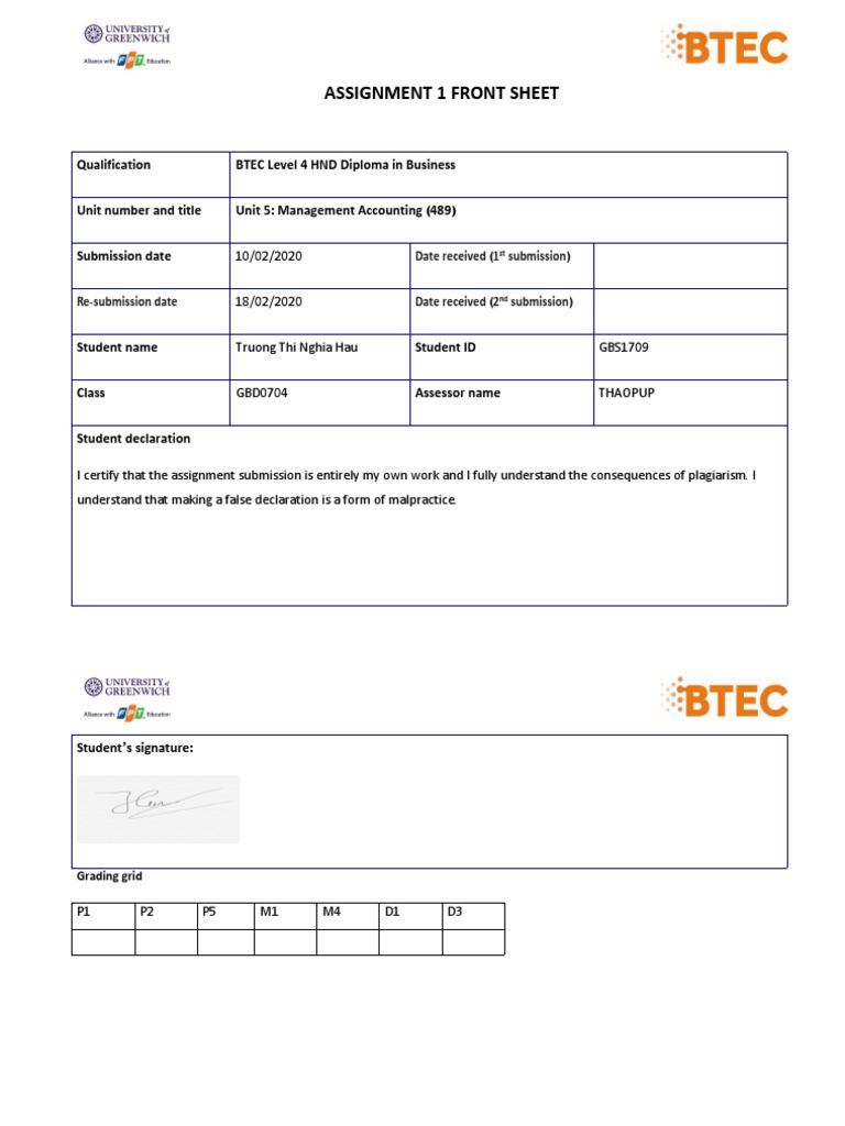 489 Assignment 1 Frontsheet - Updated@ | PDF | Management Accounting | Goal