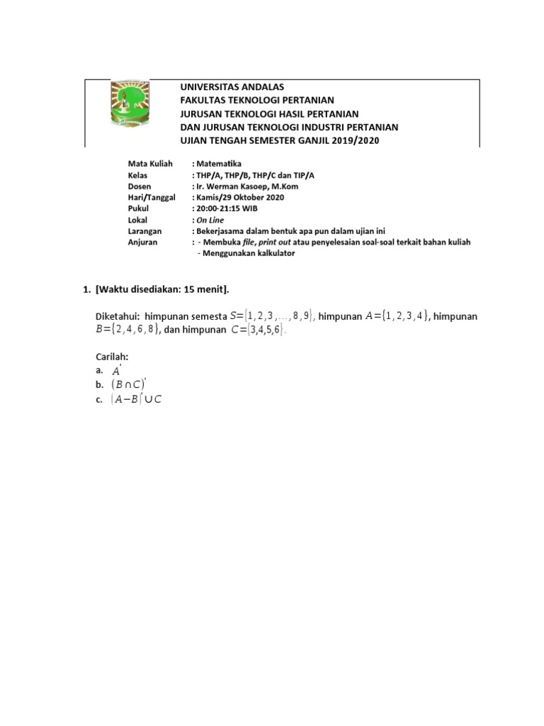 Soal Nomor 1 UTS Mat-THP (A, B Dan C) - TIP (A) - Fateta Ganjil 20-21 | PDF
