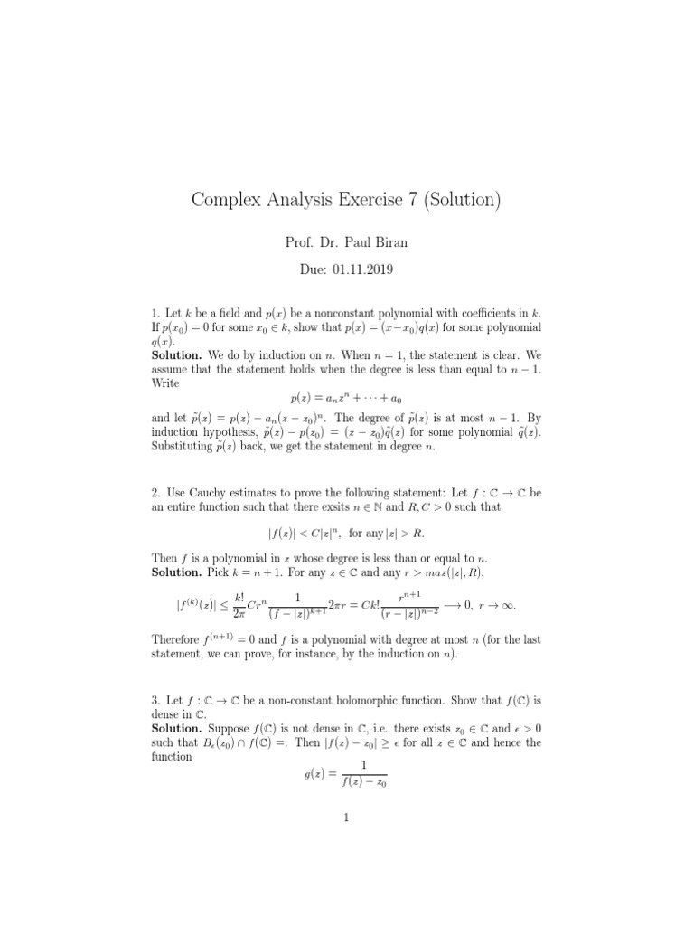 Complex Analysis Exercise 7 (Solution) : Prof. Dr. Paul Biran Due: 01.11.2019 | PDF ...