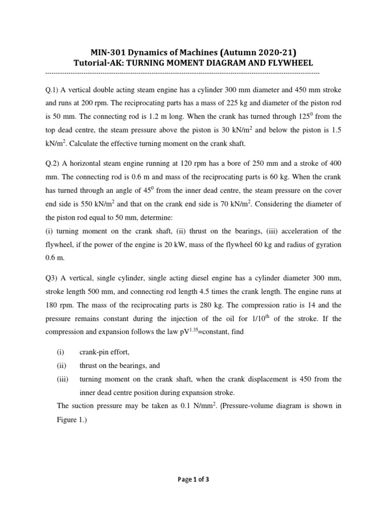 MIN-301 Dynamics of Machines (Autumn 2020-21) Tutorial-Ak: Turning Moment Diagram and Flywheel ...