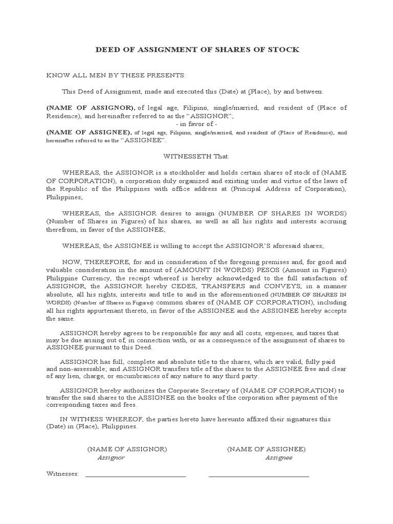 Deed of Assignment of Shares of Stock | PDF | Assignment (Law) | Private Law