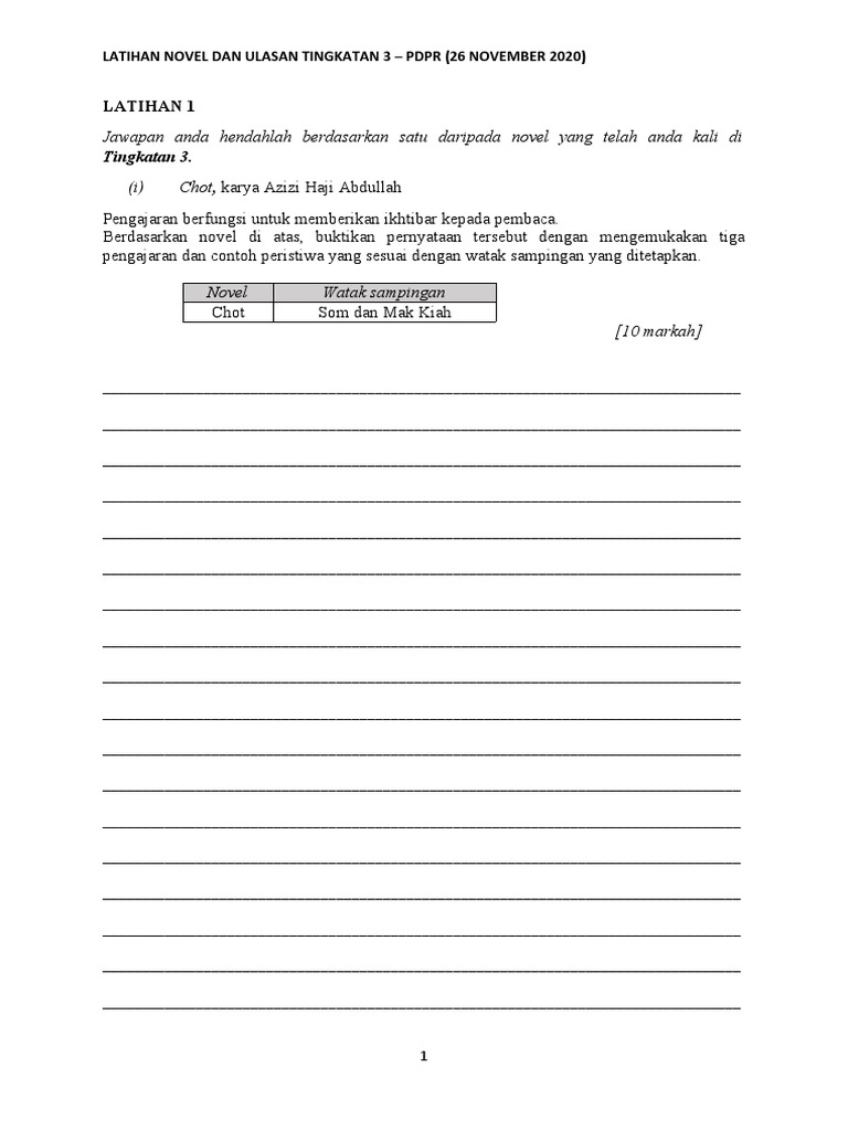 Latihan Novel Dan Ulasan Tingkatan 3 | PDF